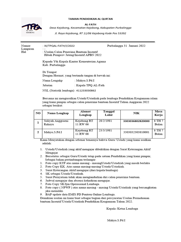 Surat Usulan Insentif TPQ | PDF