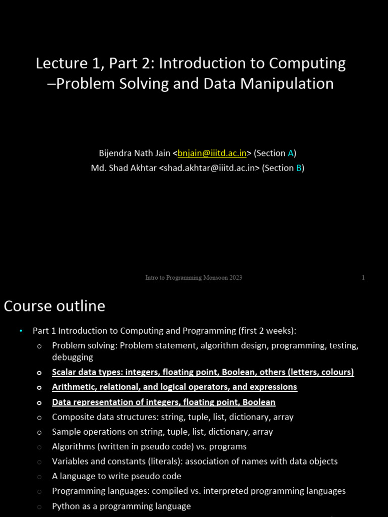 Lecture 1, Part 2: Introduction To Computing - Problem Solving and Data Manipulation | PDF ...