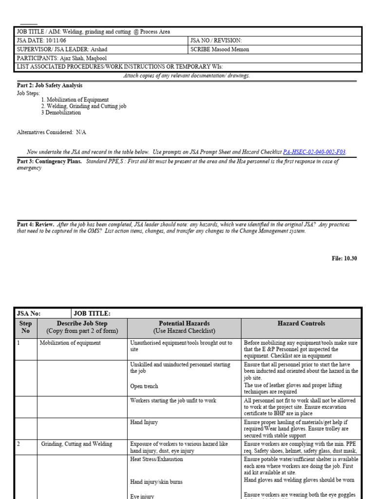 JSA For Welding and Cutting and Alignment | PDF