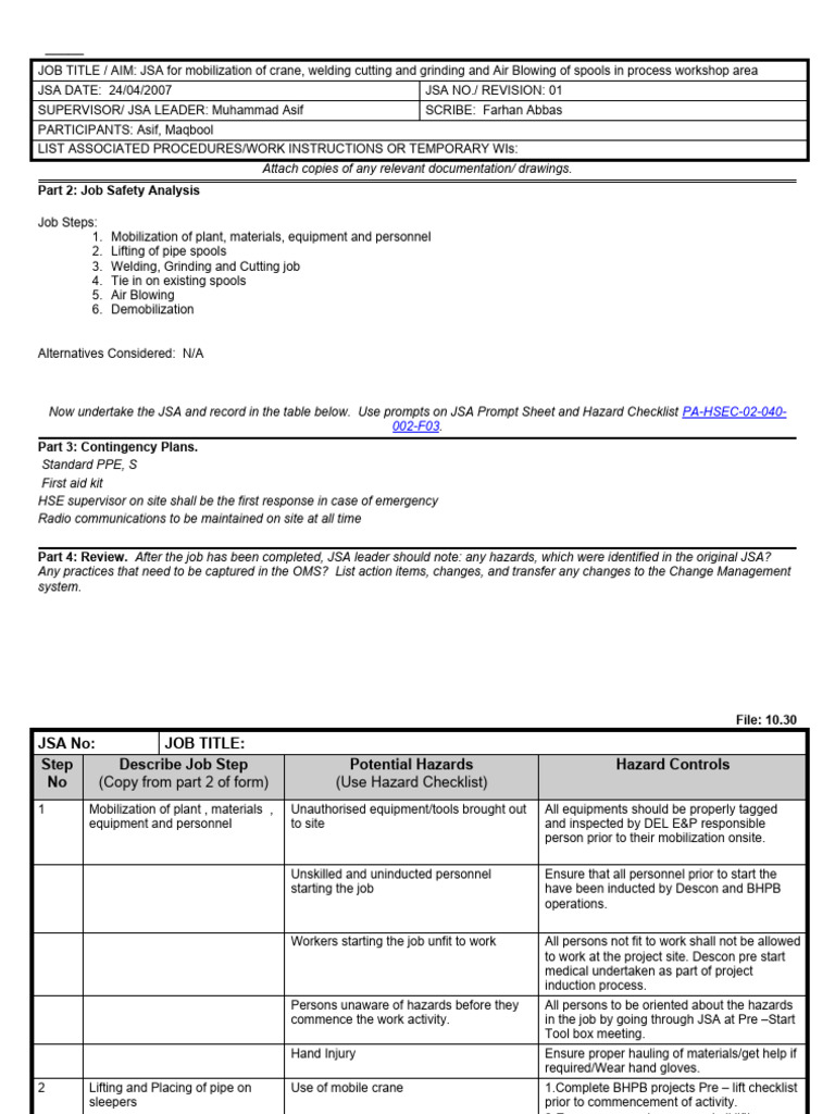 JSA For Mobilization of Crane, Welding Cutting and Grinding and Air ...