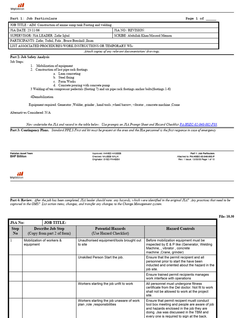 JSA Contruction of Pipe Rack (3m) Footing Including Welding Job | PDF ...