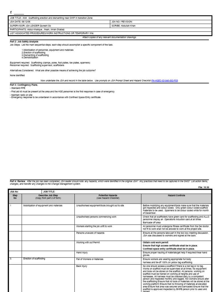 C124 JSA For Scaffolding Erection and Dismentling in Owp | Download Free PDF | Scaffolding ...