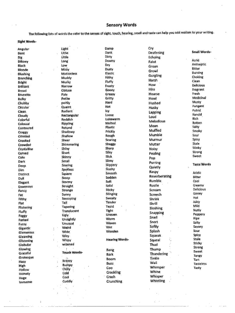 Sensory Words and Transition Words PDF | PDF