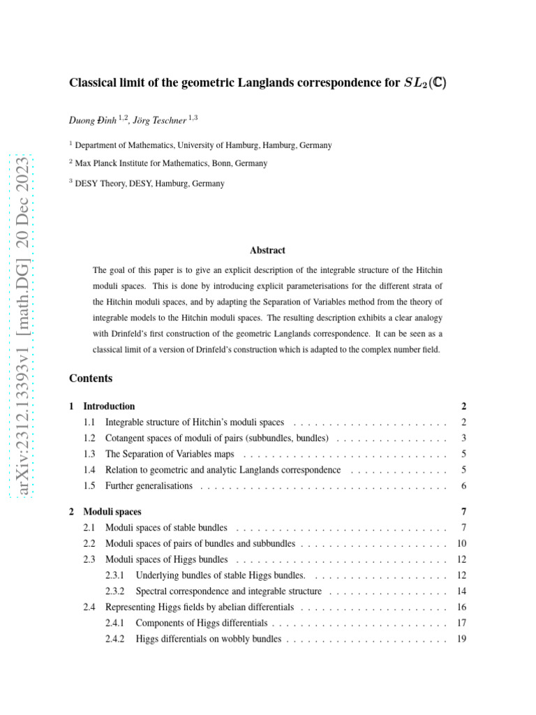 Classical Limit of The Geometric Langlands Correspondence For SL (C) C ...
