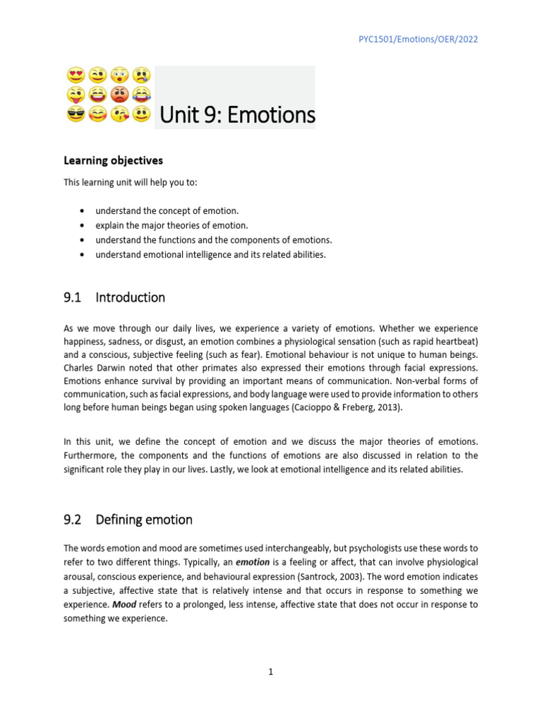 PYC1501 Unit 9 Emotions OER 2022 | PDF | Emotions | Emotional Intelligence