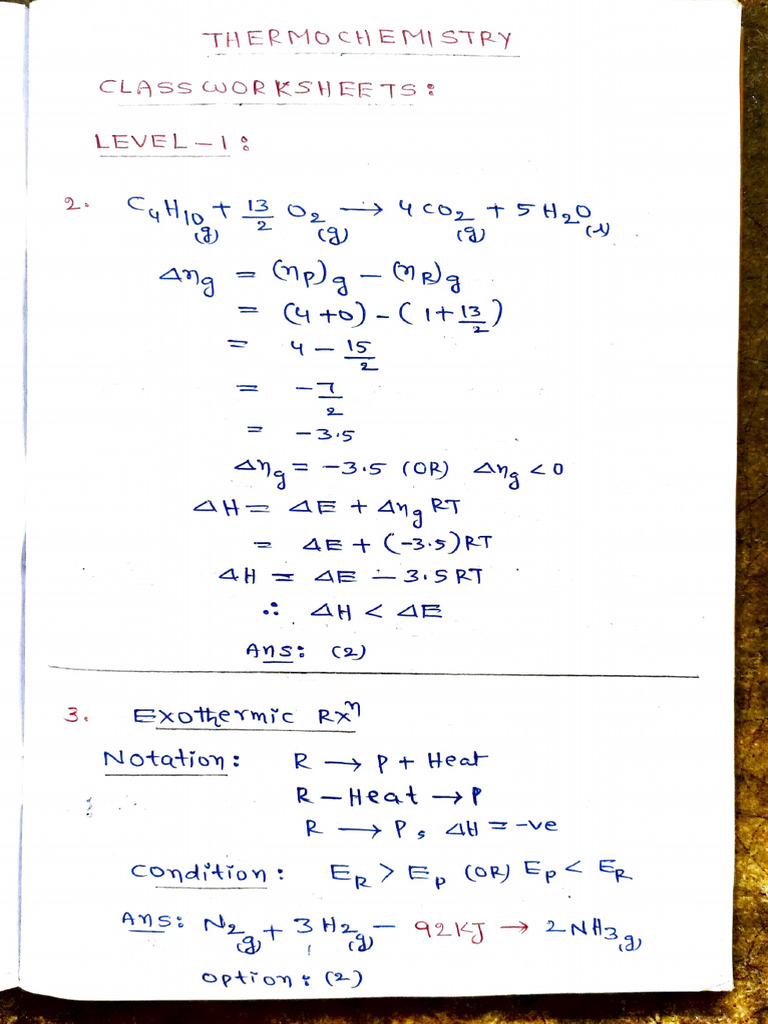 Thermochemistry Class Worksheets L-1, 2,3 Solutions | PDF