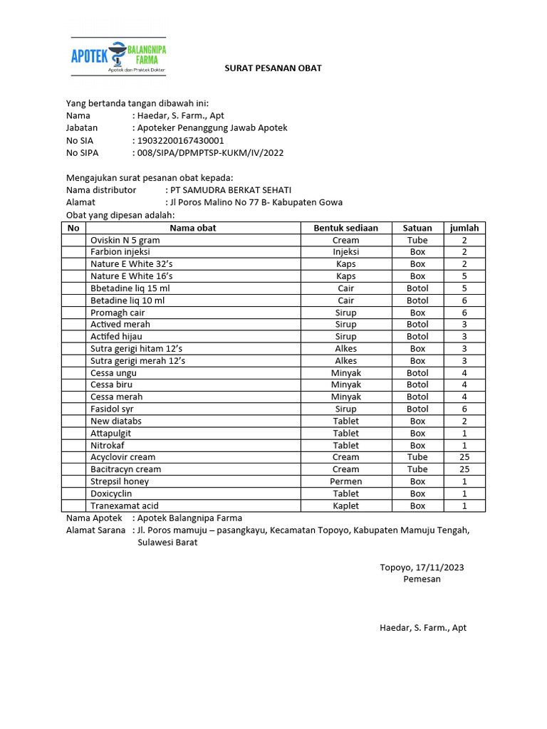 Surat Pesanan Obat Apotek Balangnipa | PDF