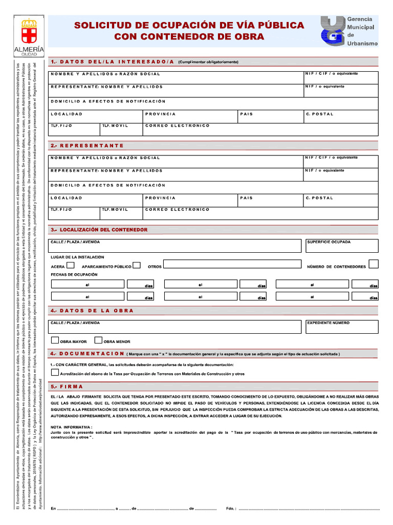 Solicitud De Ocupacion De Via Publica Con Contenedor Pdf