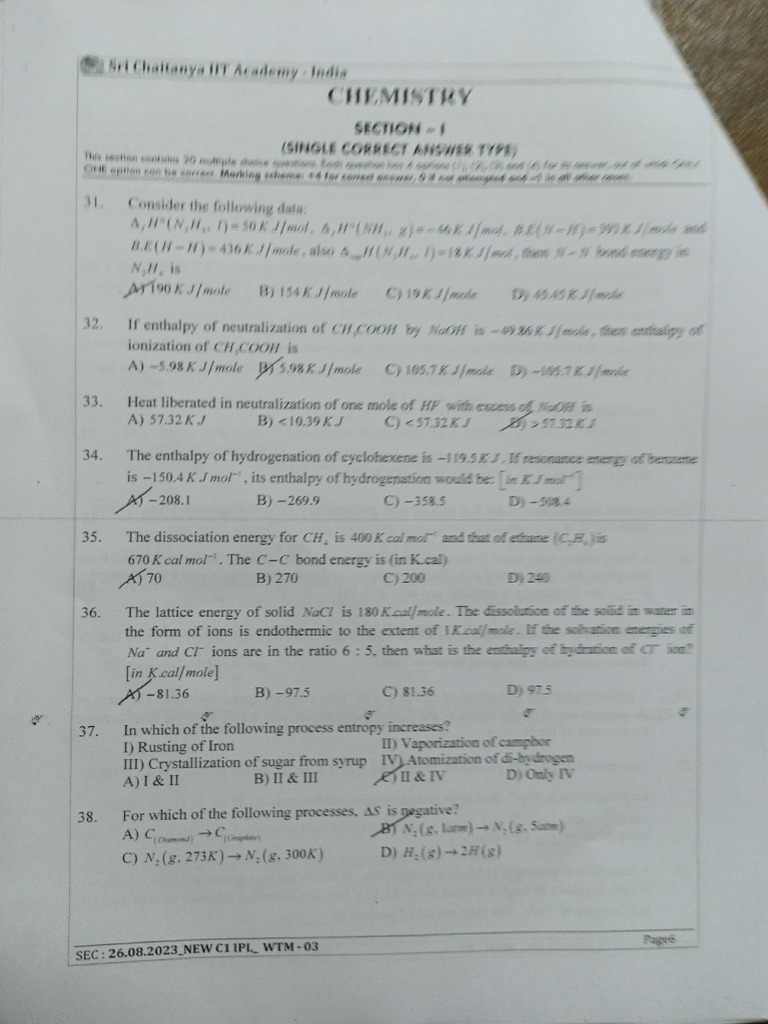 C1 Ipl Mains Paper | PDF | Enthalpy | Calorie