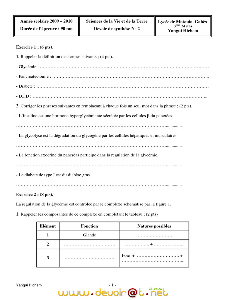 Devoir de Synthèse N°2 - SVT - 3ème Mathématiques (2009-2010) MR Yangui ...