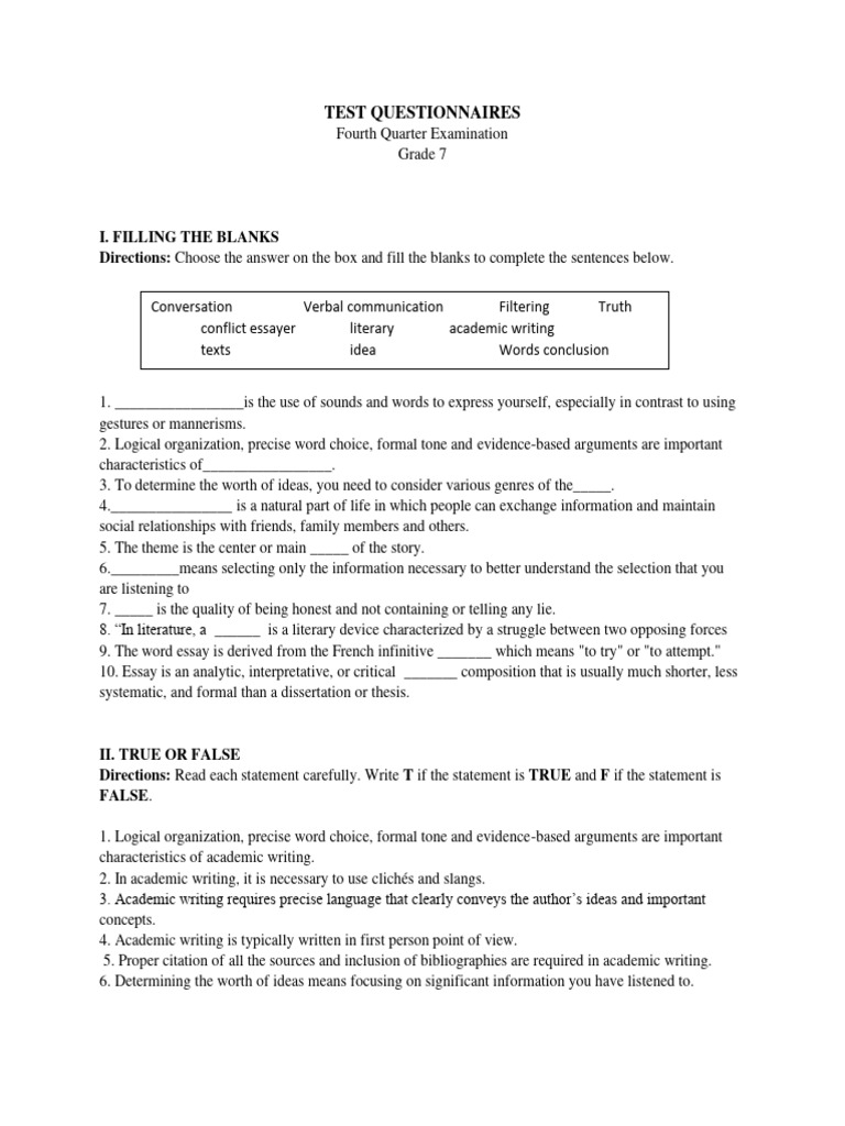 Questionnaires g7 4thquarter | PDF | Essays | Communication
