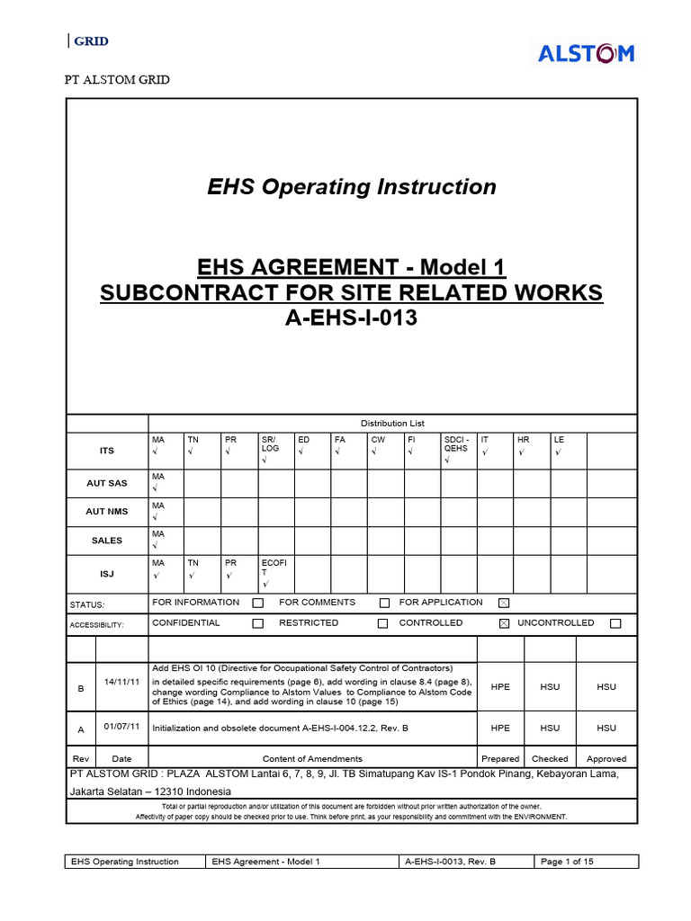 A-EHS-I-013 EHS Agreement - Subcontract For Site Related Works - Model ...