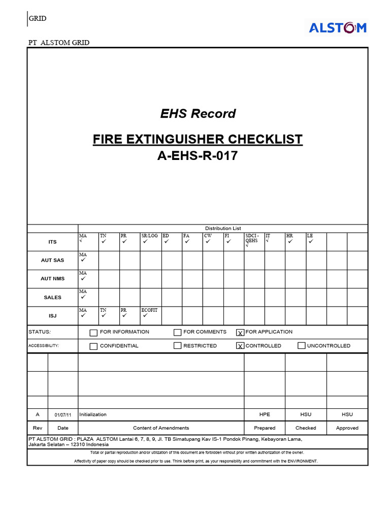 A-EHS-R-017 Fire Extinguisher Checklist. Rev. A | PDF