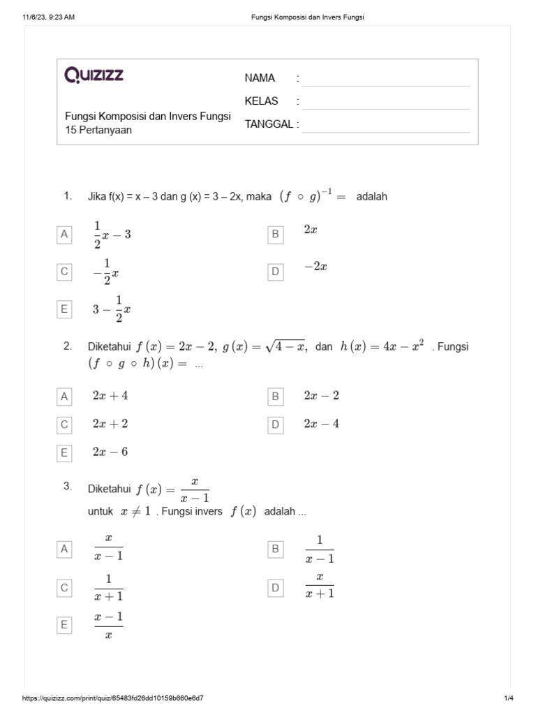 Soal Invers dan Komposisi Fungsi Kelas 11 | PDF