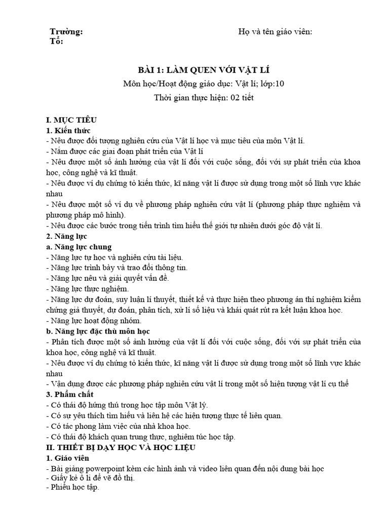 Bai 1. Lam Quen Voi Vat Li | PDF