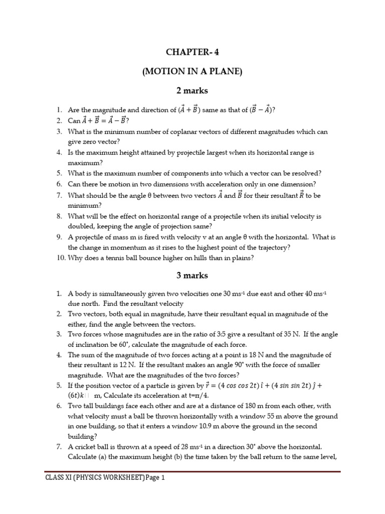 Motion in A Plane Worksheet | PDF | Acceleration | Euclidean Vector
