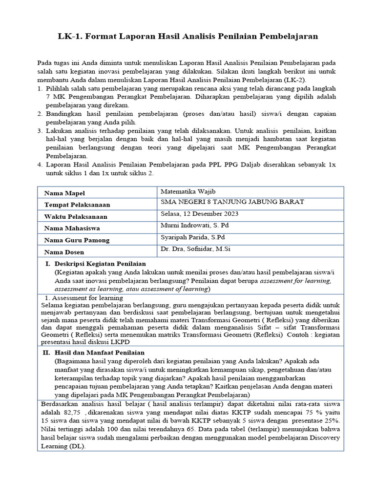 PPL 1 - LK 1 - Hasil Analisis Penilaian Pembelajaran - Murni Indrowati (Lengkap) Uppload Fix | PDF