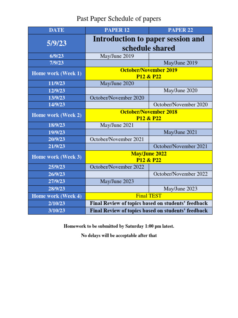 Past Paper Schedule and Homework Dates | PDF | Art