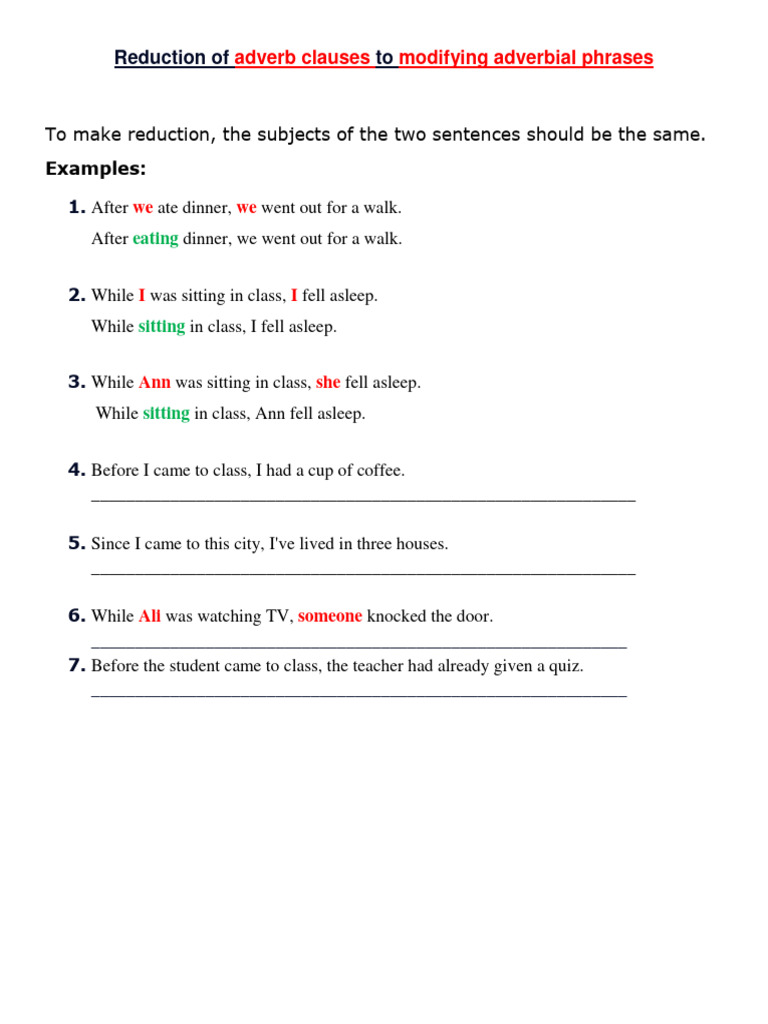 Reduction of Adverb Clauses To Modifying Adverbial Phrases 1 PDF | PDF