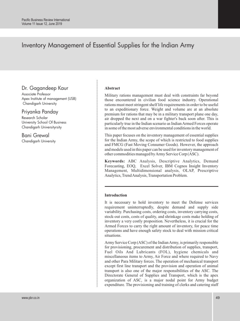 Inventory Management of Essential Supplies For The Indian Army | PDF ...