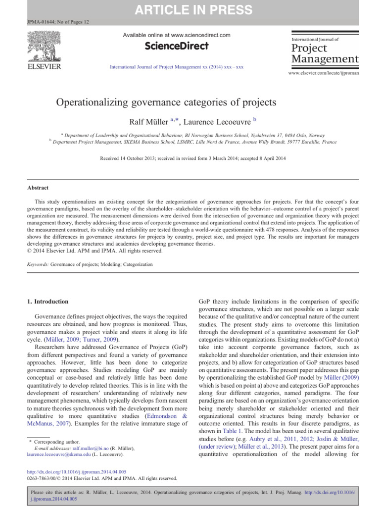 Categorizing Governance of Projects (Müller-Lecoeuvre in Pess) | PDF ...