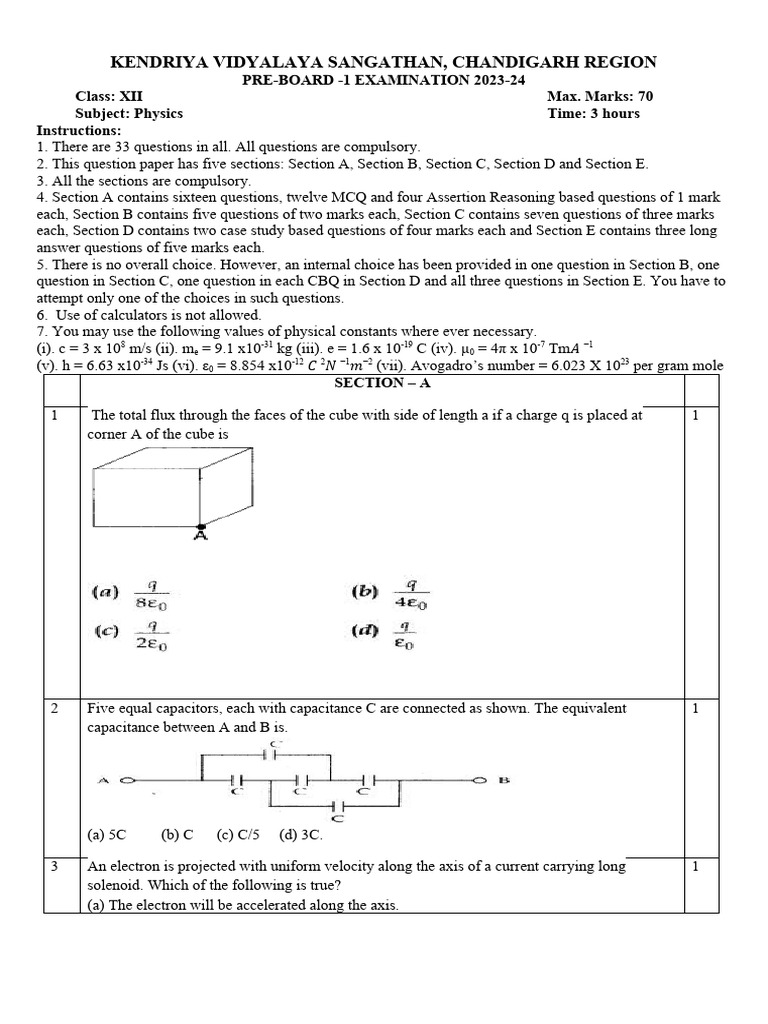 Class 12 Physics Pre-Board Exam 2023-24 | PDF | P–N Junction | Electromagnetic Radiation
