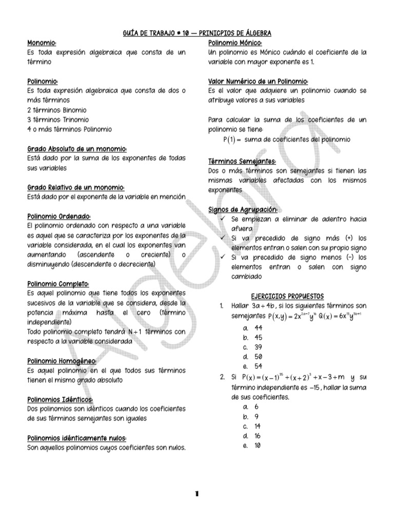 Guía de Trabajo # 10 - Principios de Álgebra | Descargar gratis PDF ...