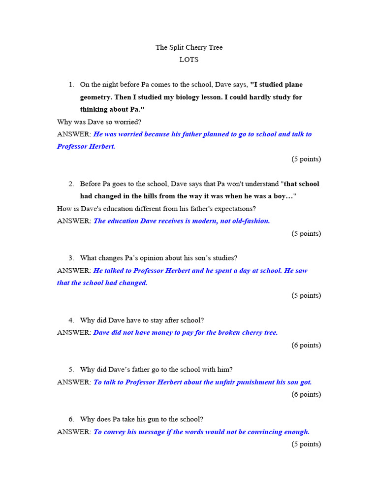 The Split Cherry Tree - Sample Questions With Answers | PDF