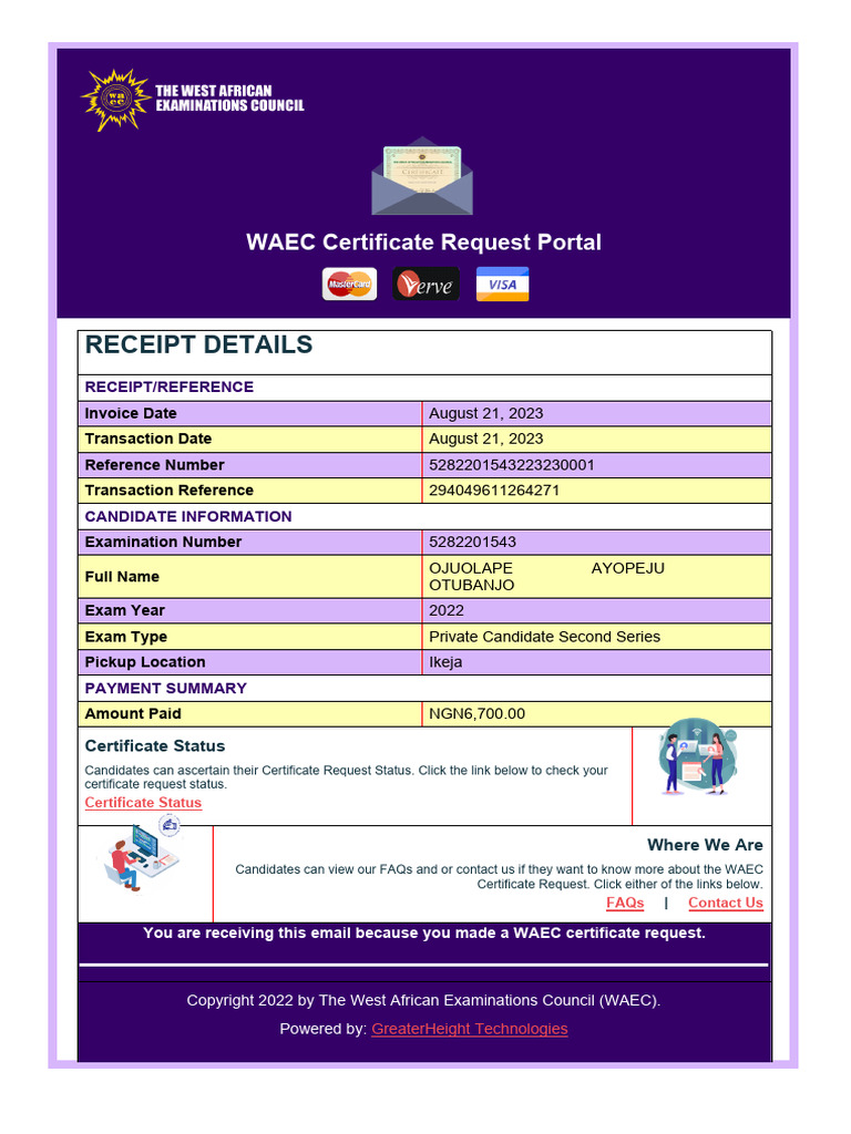 Httpscertrequest - waec.ngPaymentInvoice5282201543223230001 Receipt PDF ...