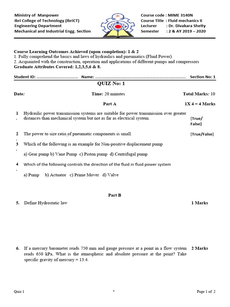 Fm-II Quiz 1 19-20 - Section1 - Set1 | PDF | Pump | Fluid Mechanics