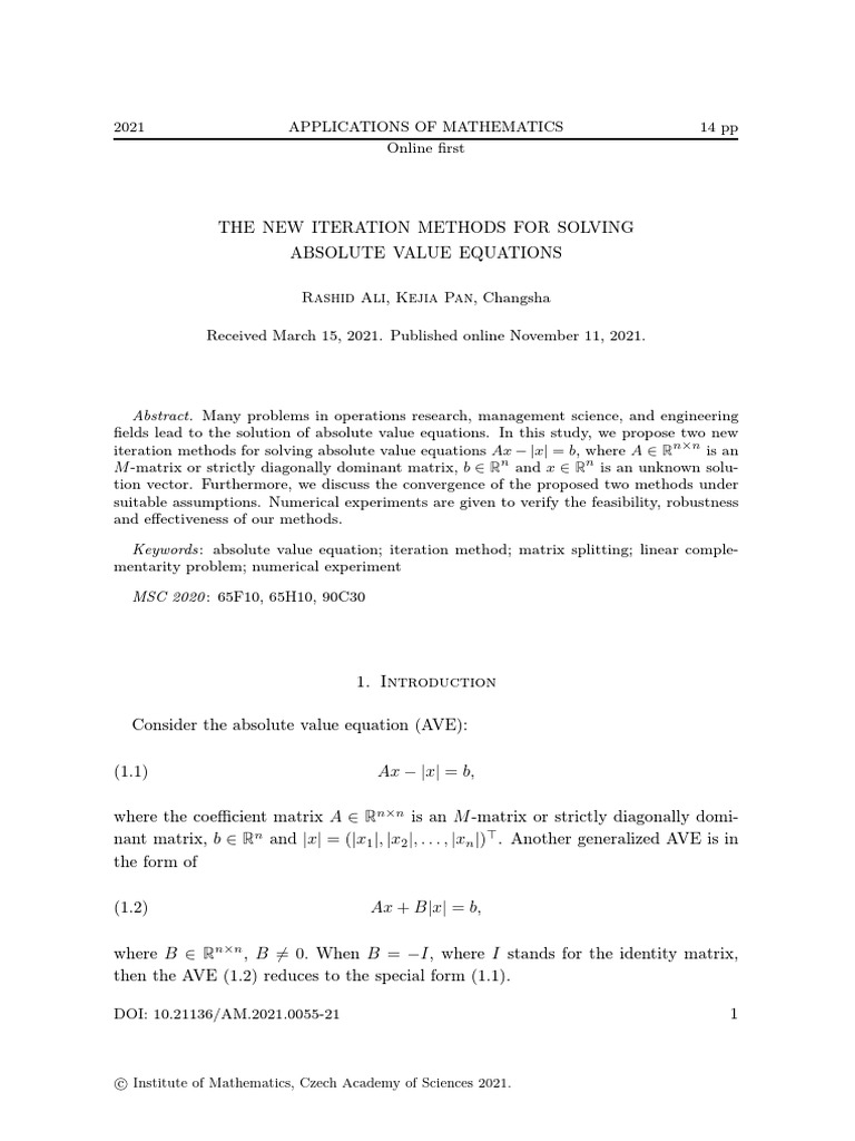 The New Iteration Methods For Solving Absolute Value Equations | PDF | Equations | Matrix ...