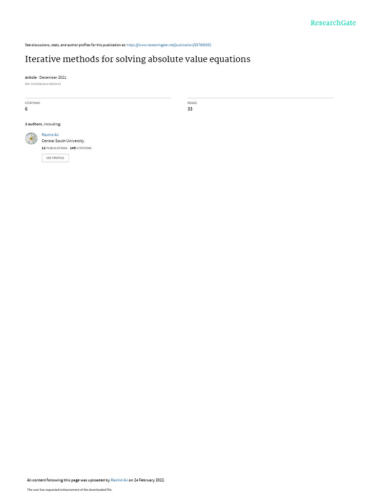 Iterative Methods For Solving Absolute Value Equations-1638973373 | PDF | Computational Science ...