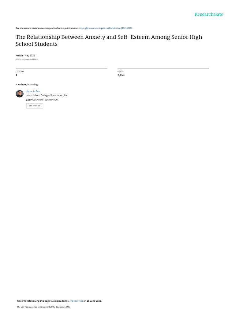 The Relationship Between Anxiety and Self-Esteem Among Senior High School Students | PDF | Self ...