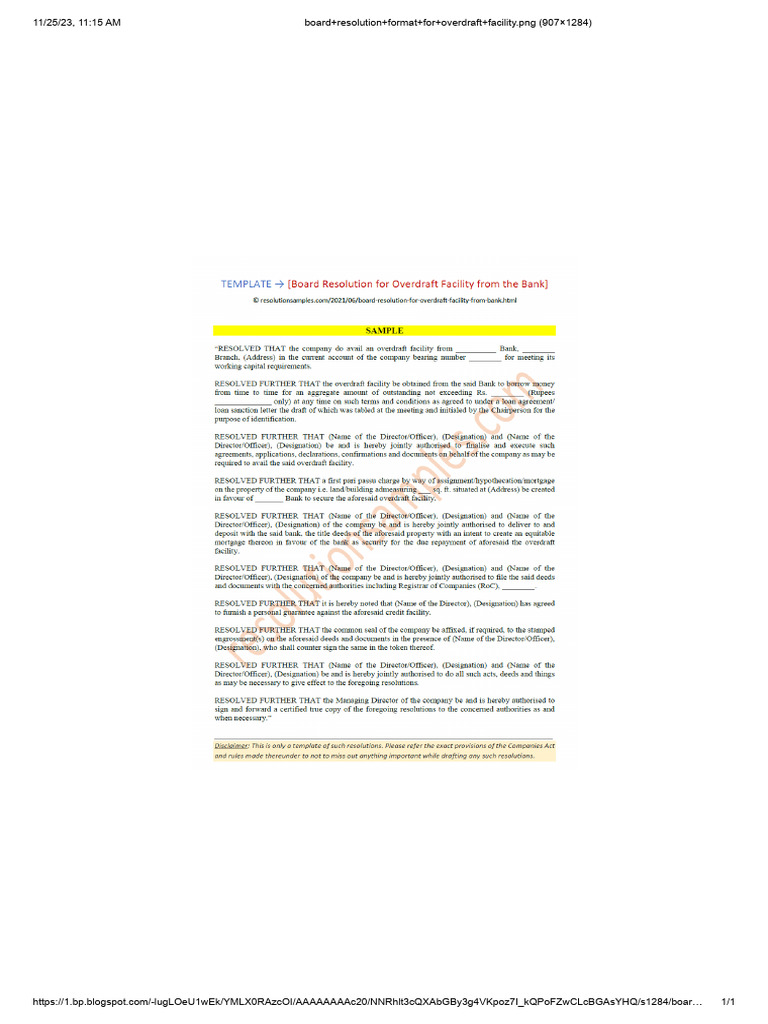 Board Resolution Format For Overdraft Facility | PDF