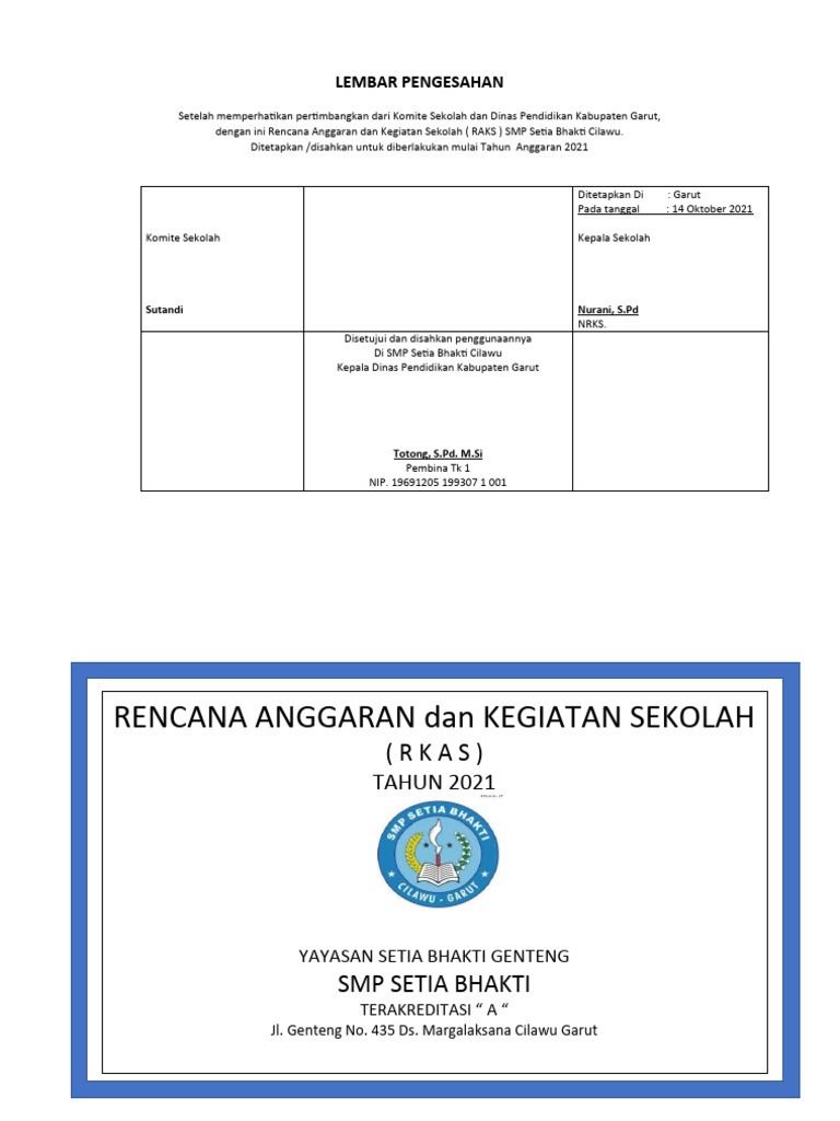 Rencana Anggaran SMP Setia Bhakti 2021 | PDF