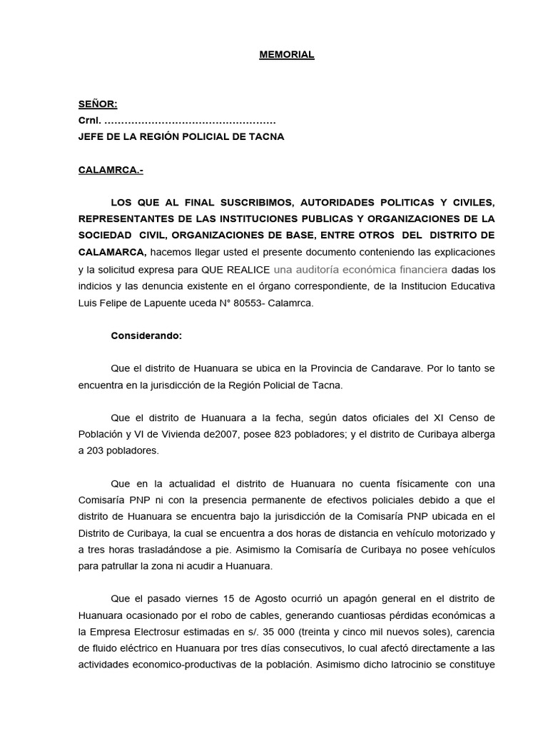Solicitud de Comisaría en Huanuara | PDF | Negocios | Derecho