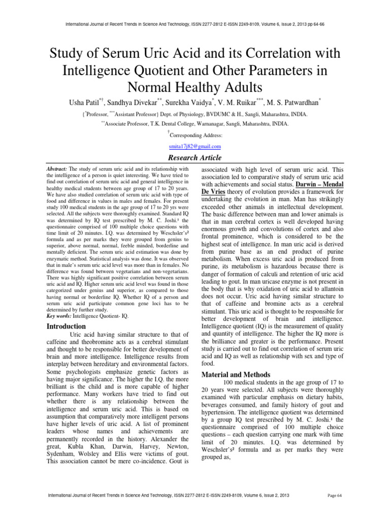 Uric Acidandits Correlationwith | PDF | Intelligence Quotient | Gout