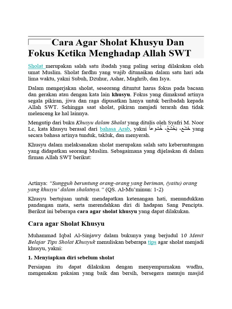 Cara Agar Sholat Khusyu Dan Fokus Ketika Menghadap Allah SWT | PDF Cara Agar Sholat Khusyu Dan Fokus Ketika Menghadap Allah SWT | PDF