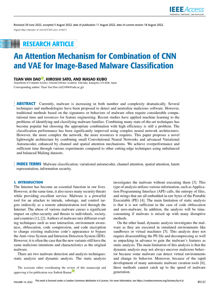 An Attention Mechanism For Combination of CNN and VAE For Image-Based Malware Classification | PDF