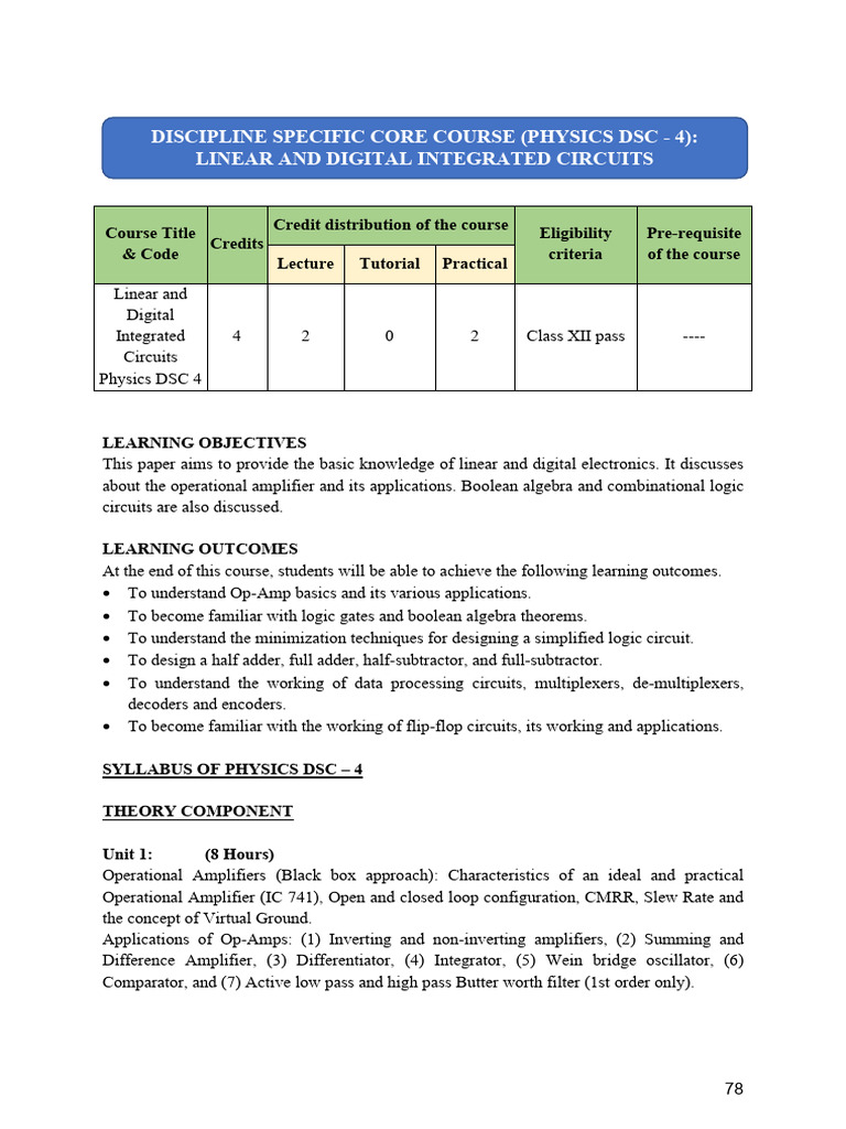 Discipline Specific Core Course (Physics DSC - 4) : Linear and Digital Integrated Circuits ...