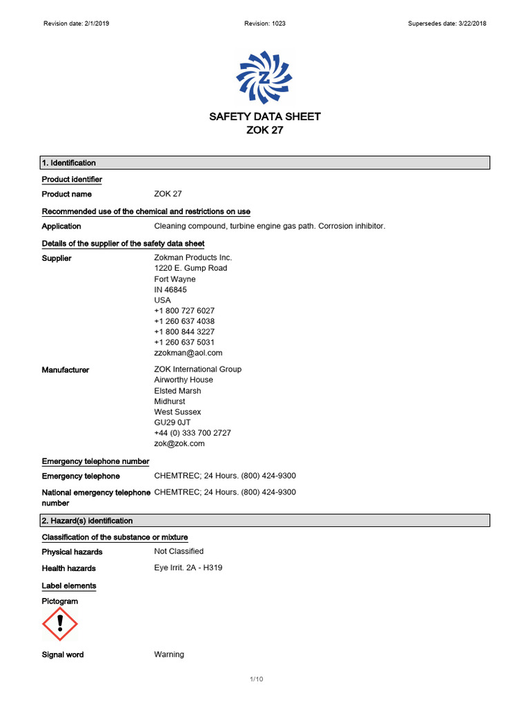 ZOK 27 Safety Data Sheet Overview | PDF | Chemical Substances | Hazards