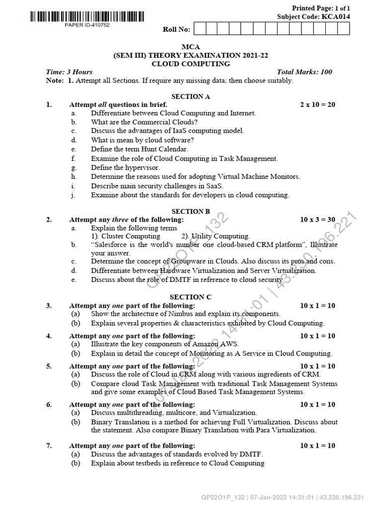 Mca 3 Sem Cloud Computing Kca014 2022 | PDF | Cloud Computing | Computing