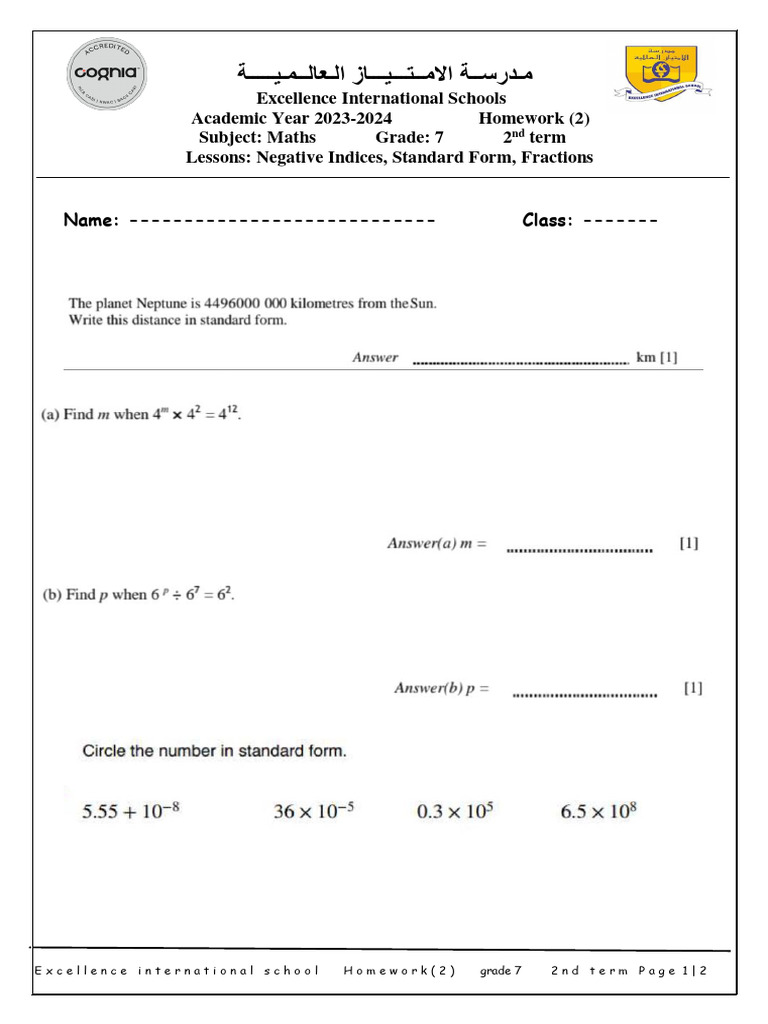 Grade 7 Maths Homework 2023-2024 | PDF