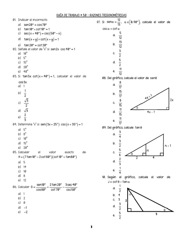Guía de trabajo # 50 - Razones trigonométricas | PDF | Geometría Elemental | Geometría del plano ...