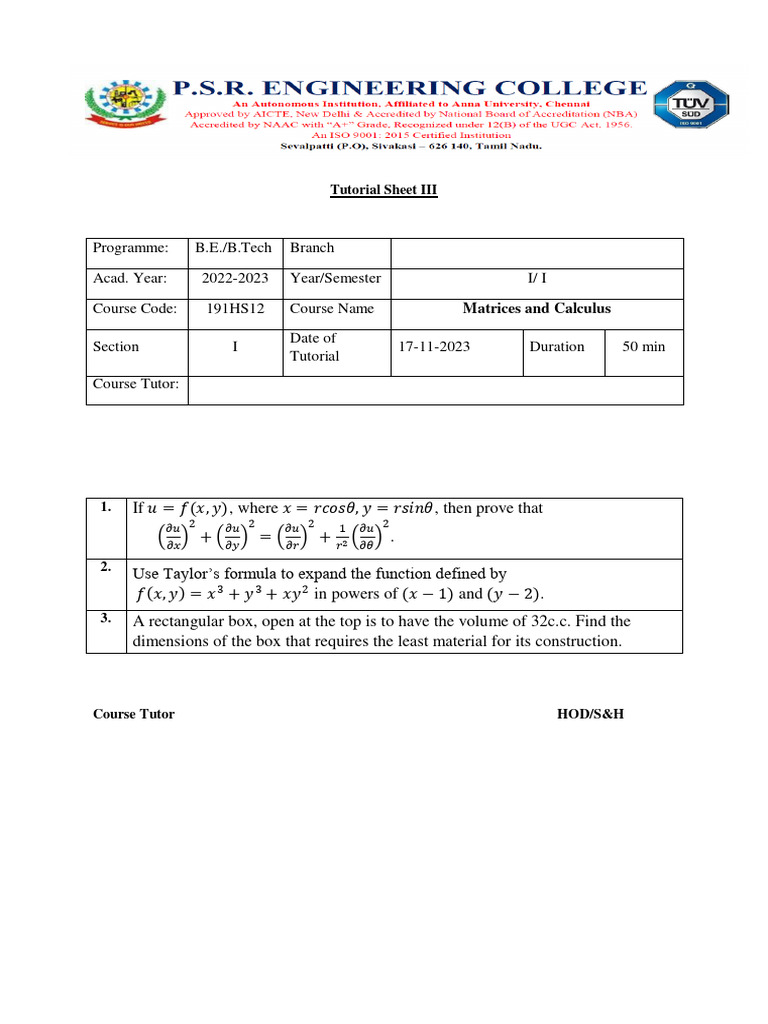 Matrices and Calculus Tutorial Sheet III | PDF
