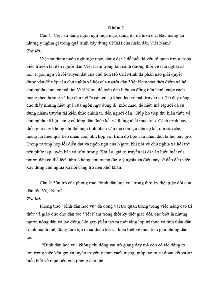 USSH - TTHCM - 01 - ST5 - Tổ 12 - TRẢ LỜI CÂU HỎI | PDF