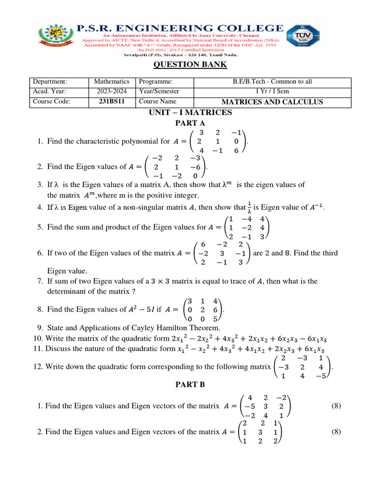 231BS11 Question Bank | PDF | Eigenvalues And Eigenvectors | Matrix (Mathematics)