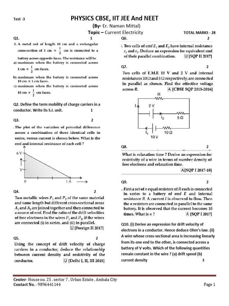 Current Electricity Test for JEE & NEET | PDF | Electricity | Building ...