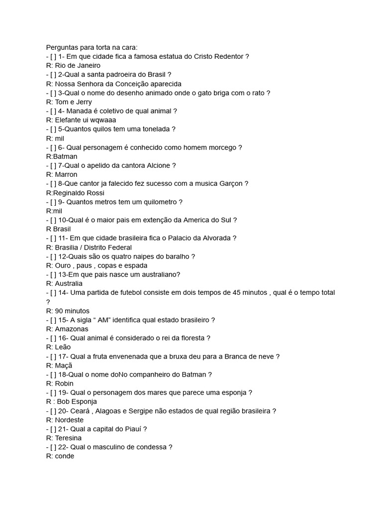 Perguntas para Torta Na Cara | PDF
