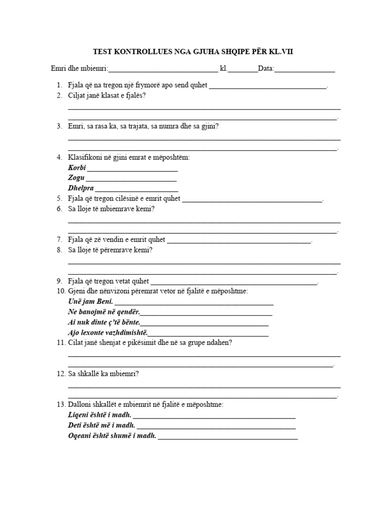 Test Kontrollues Nga Gjuha Shqipe Për KL | PDF